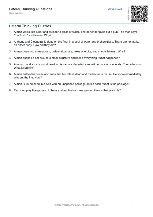 Lateral Thinking Questions | PrintablesWorld